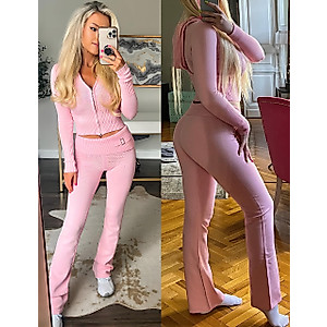 Springrain Women Sweater Sets 2 Piece Lounge Sets Ribbed Zip Hoodie Knitted Outfits(Pink-S)