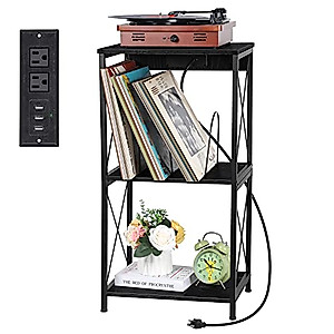 YBING Record Player Stand Record Player Table with Charging Station 3-Tier End Table with Storage Vinyl Record Storage Stand with Divider Nightstand for Living Room Bedroom Office, Black