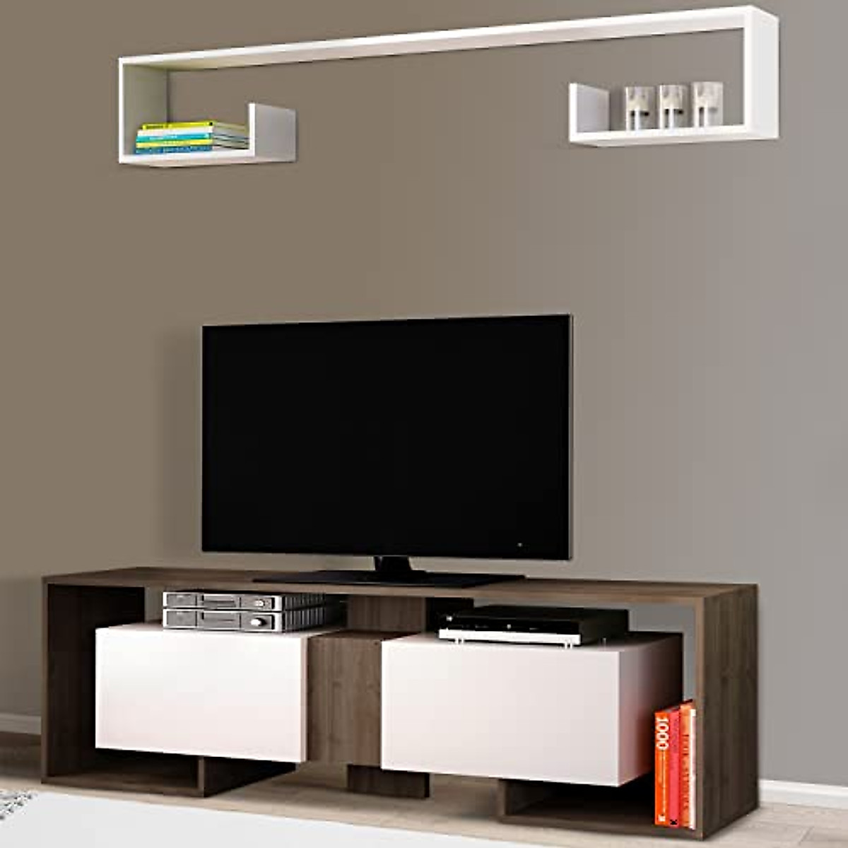 The Urban Port 71-Inch Wooden TV Console Entertainment Media Center, 2-Piece Set, Wall Mounted Floating Shelf, White and Brown