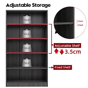 Wood Bookcase 5-Shelf Freestanding Display Wooden Bookshelf for Home Office School (11.6" D*33" W*59.8" H,Grey)