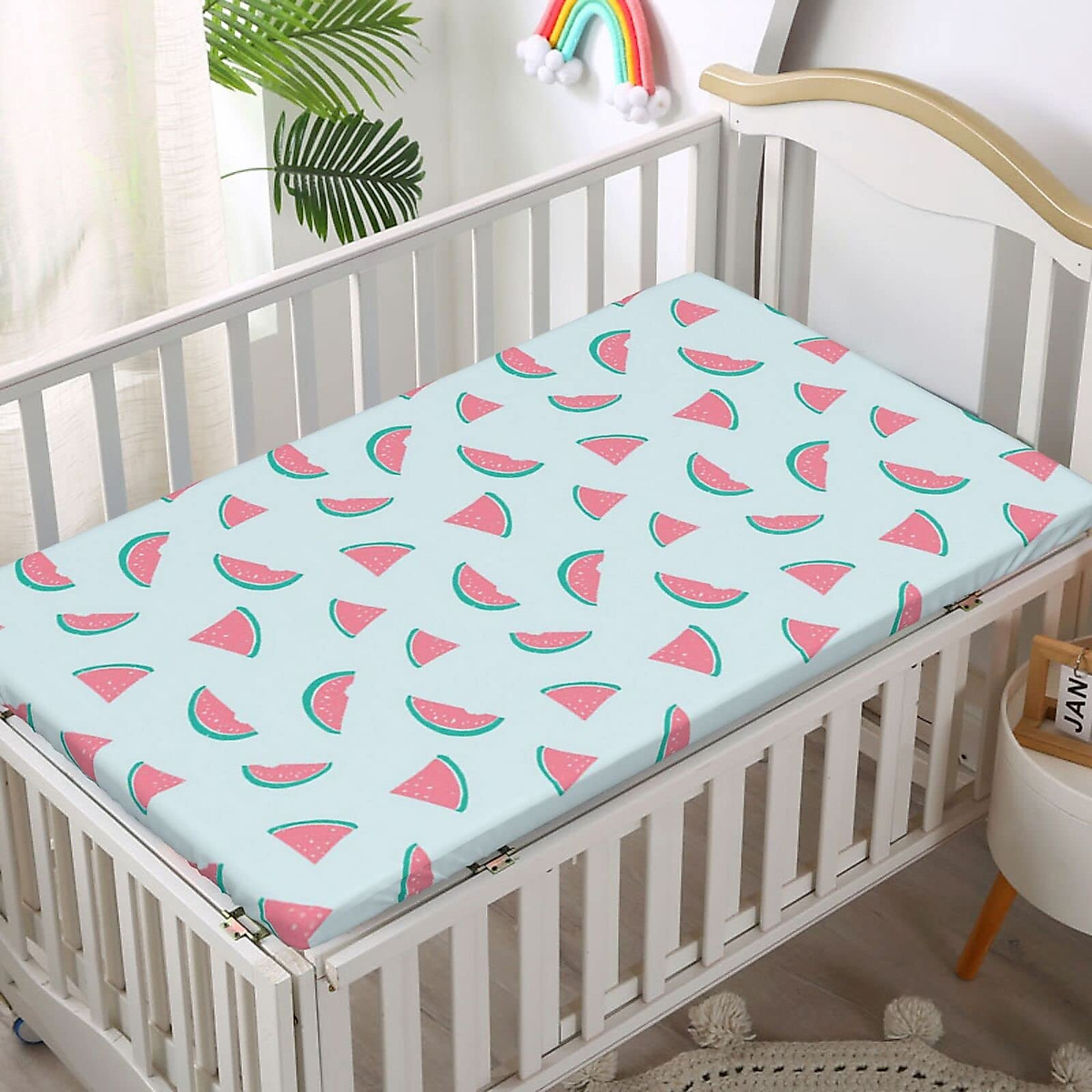 Watermelon Themed Fitted Crib Sheet,Standard Crib Mattress Fitted Sheet Soft & Stretchy Fitted Crib Sheet-Baby Sheet for Boys Girls,28“ x52“,Pastel Pink Dark Seafoam Pale Blue