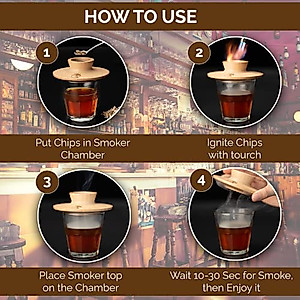 Cocktail Smoker Kit With Torch, Four flavored Wood Smoker chips, Old fashioned Smoker kit for Whisky Bourbon, Whisky Gift for Him/Father/Husband/Self (No Butane)