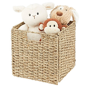 mDesign Seagrass Woven Cube Basket Organizer with Handles - Storage for Bedroom, Office, Living Room, Bathroom, Perfect for Cubby Storage Units - Hold Blankets, Magazines, Books - 4 Pack - Natural/Tan