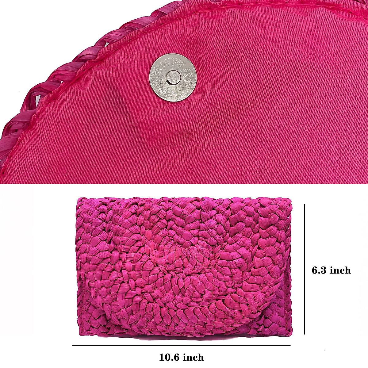 Seamido Straw Clutch Purses for Women Corn Straw Woven Bags Beach Handbags(Rose Red)