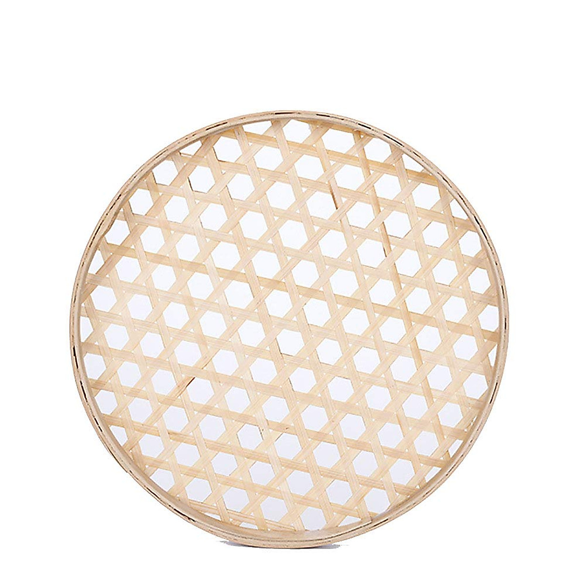 100% Handwoven Flat Wicker Round Fruit Basket Woven Food Storage Weaved Shallow Tray Organizer Holder Bowl Decorative Rack Display Kids DIY Drawing Board (Hexagon Hollow-Bamboo-White, 30cm/11.8")