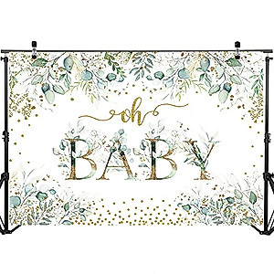 Mocsicka Greenery Baby Shower Backdrop Oh Baby Green Eucalyptus Leaves Baby in Bloom Party Decorations Gold Glitter Dots Boy Baby Shower Photography Backdrops (7x5ft)