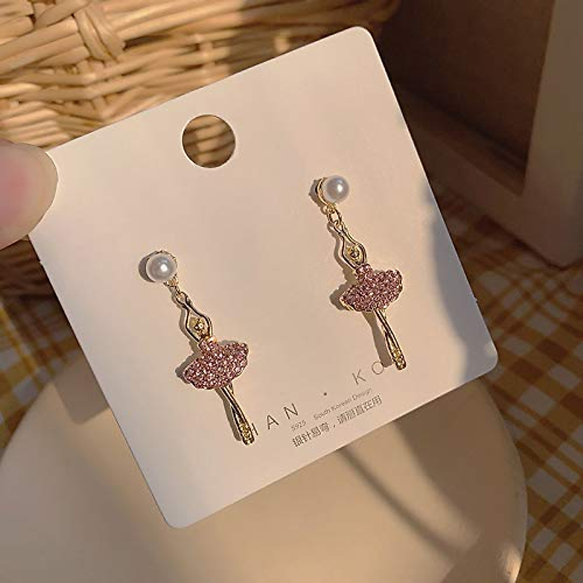 Sweet Dancing ong Stud Earrings Temperament Inlay Rhinestone Ballerina Drop Dangle Earrings for Women Jewelry (Pink)