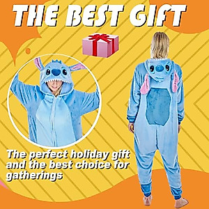 Adult Onesie Pajamas Unisex One Piece Outfits For Women Men Cosplay Halloween Sleepwear (Blue, Large)