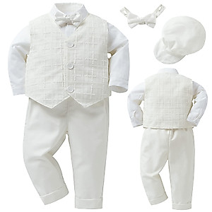 Booulfi Baptism Outfits for Boys, Baby Boy Clothes Formal Gentleman Suits White Dress Shirt Bowtie Suspender Pants Vest Hat, Christening gifts 3-6M