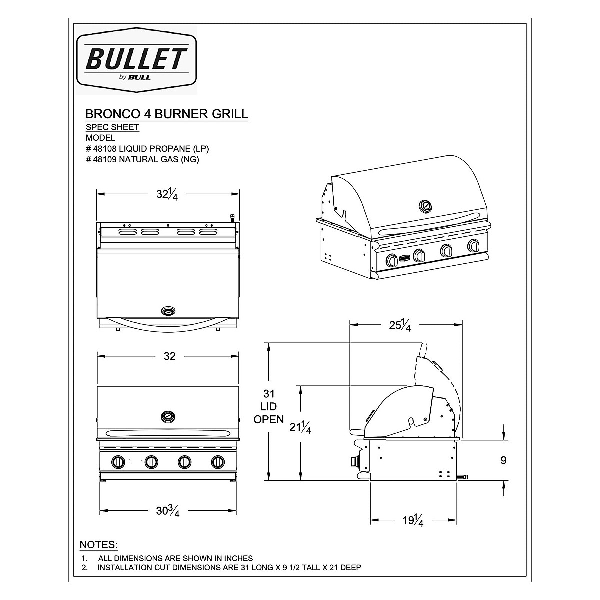 Bullet by Bull Outdoor Products 48109 Bronco Bullet by Bull 4 Burner Grill Natural Gas, Stainless Steel