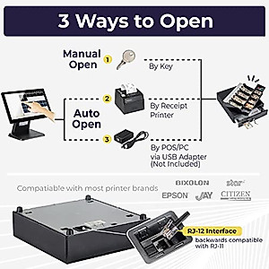 Volcora 13" Cash Register Drawer for Point of Sale (POS) System with Fully Removable 2 Tier Cash Tray, 4 Bill/5 Coin, 24V, RJ11/RJ12 Key-Lock, Double Media Slot, Small Square Money Drawer, Black