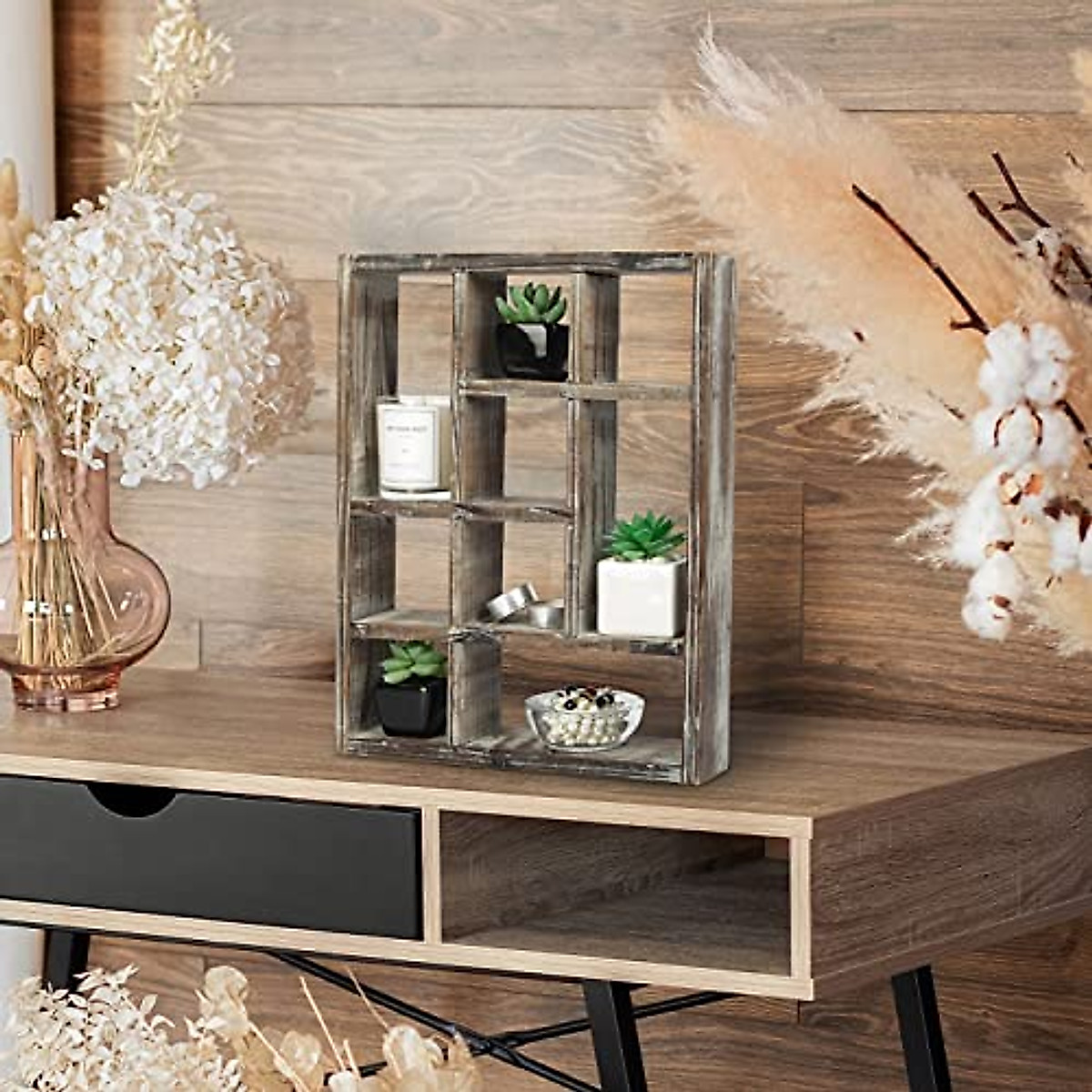J JACKCUBE DESIGN Rustic Multi-Slot Shelf Cube Display 9 Compartment Shadow Box Wall mountable Shelf for Collection Square Freestanding Case Farmhouse Décor - MK570A (Rustic Wood)