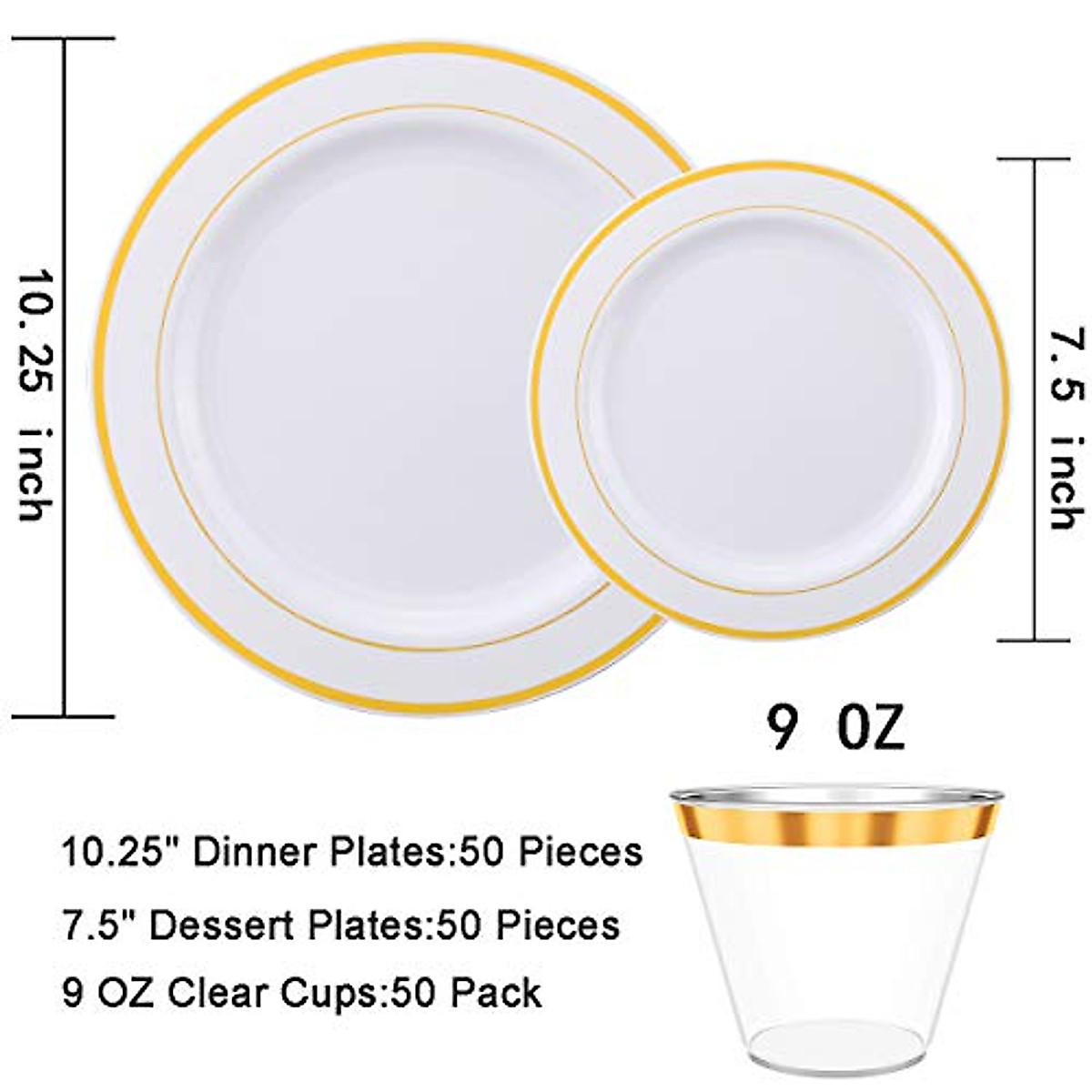 WELLIFE 350 Pieces Gold Plastic Plates with Disposable Silverware and Cups, Include: 50 Dinner Plates 10.25”, 50 Dessert Plates 7.5”, 50 Gold Rim Cups 9 OZ, 50 Gold Cutlery