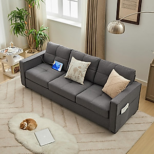 TYBOATLE 88" W Modern 3 Seater Sofa Couch, Fabric Linen Deep Seat Mid Century Couches w/ 2 USB Charging Ports and Upholstered Cushions, Comfy Sofas for Living Room, Bedroom, Apartment (Dark Gray)