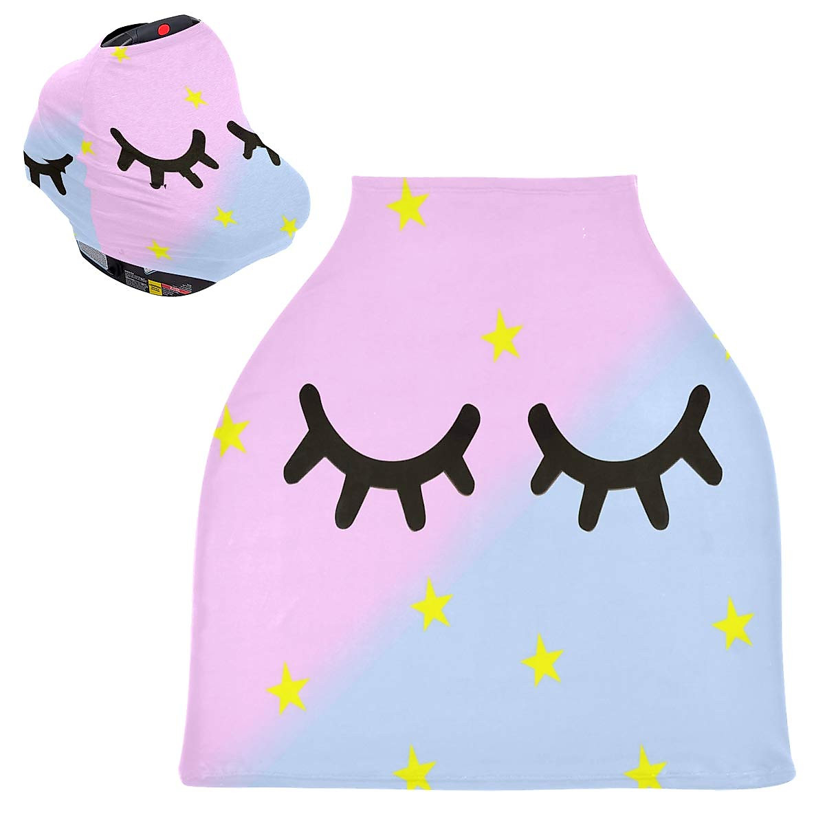 Eyelashes with Yellow Stars Baby Car Seat Covers, Nursing Cover Breastfeeding Scarf Soft Breathable Stretchy Coverage, Infant Stroller Cover for Boys Girls