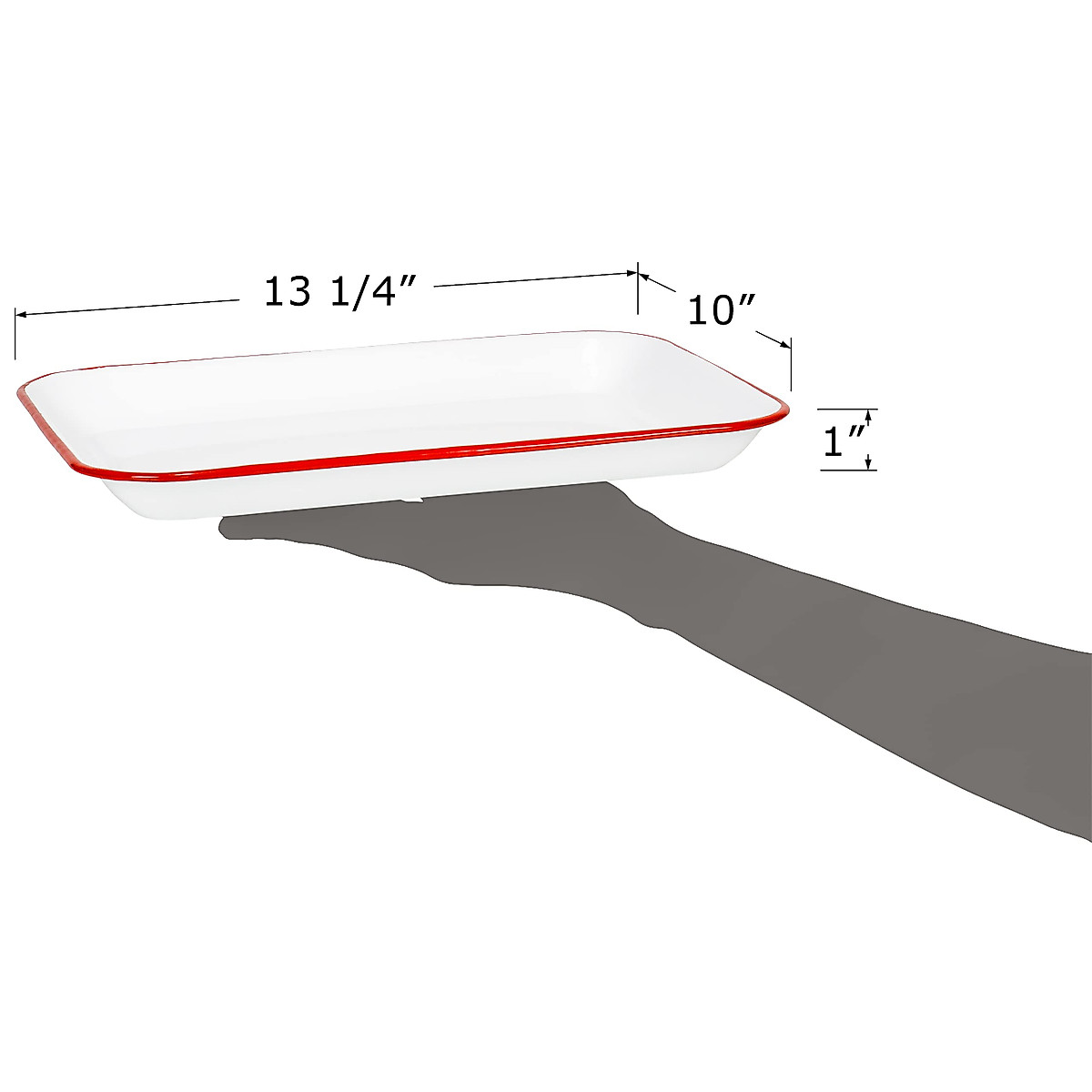 Red Co. 13.5” x 10” Enamelware Metal Classic 1.6-Quart Rectangular Serving Tray, Solid White/Red Rim