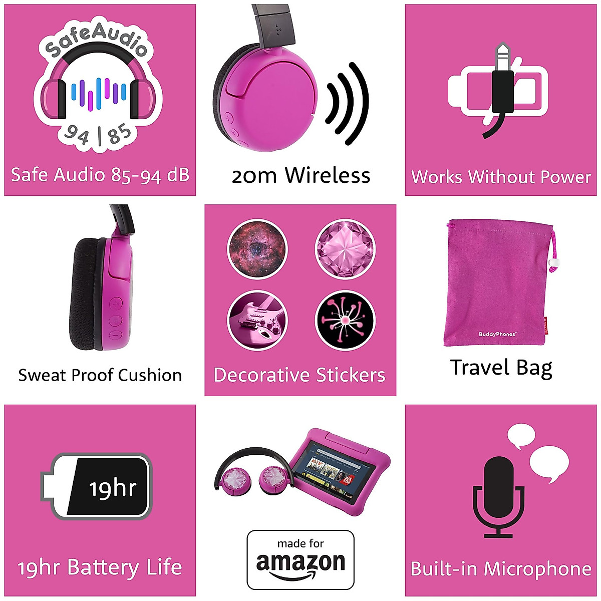 Made for Amazon, Volume Limiting Bluetooth BuddyPhones, PopTime in Pink. Ages (8-15)