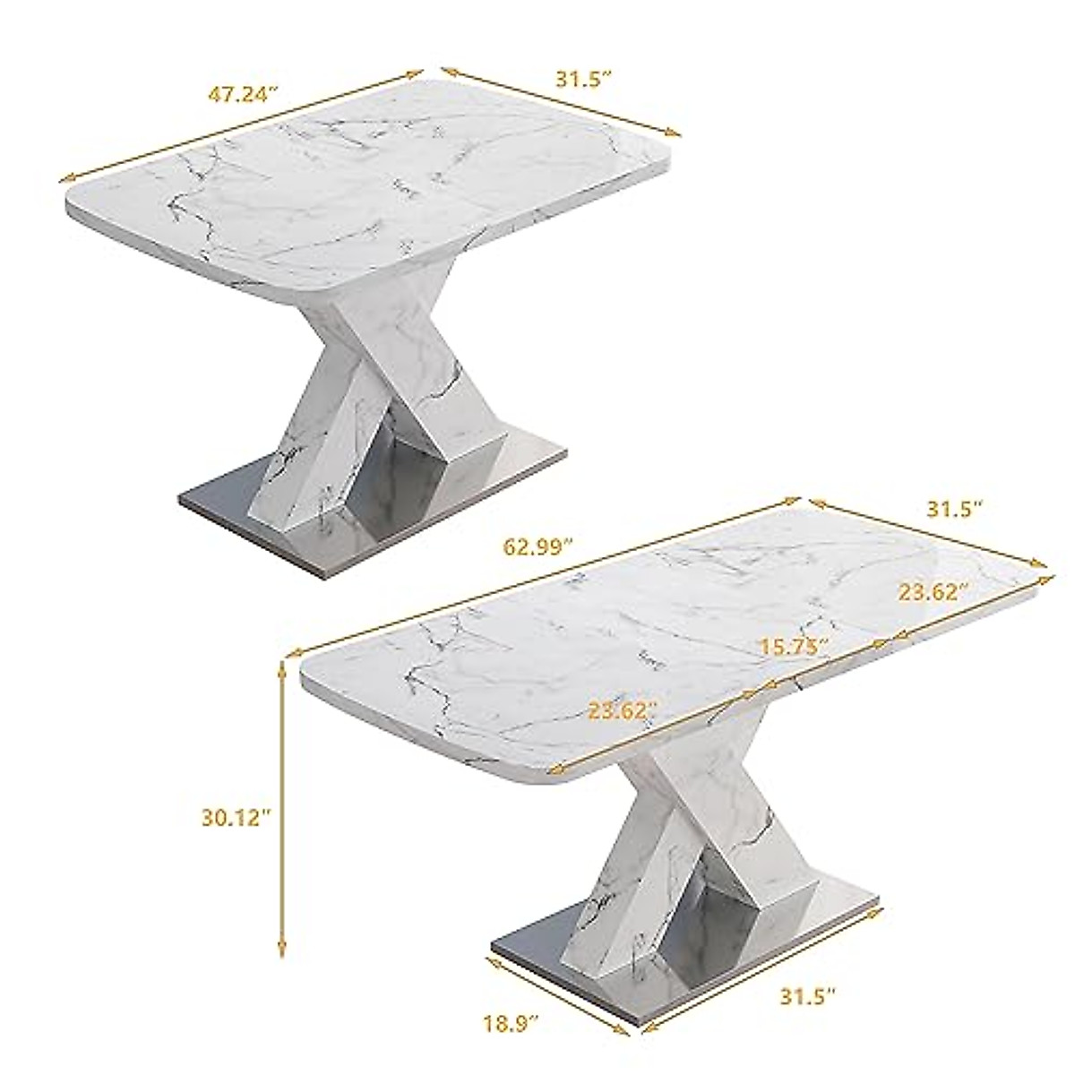 Modern Marble Top Dining Table, Extendable Marble Dining Table for 4-6, Expandable Dining Table with Faux Marble Top and Crossed Pedestal Base, Large Dining Table for Dining Room Kitchen (White)