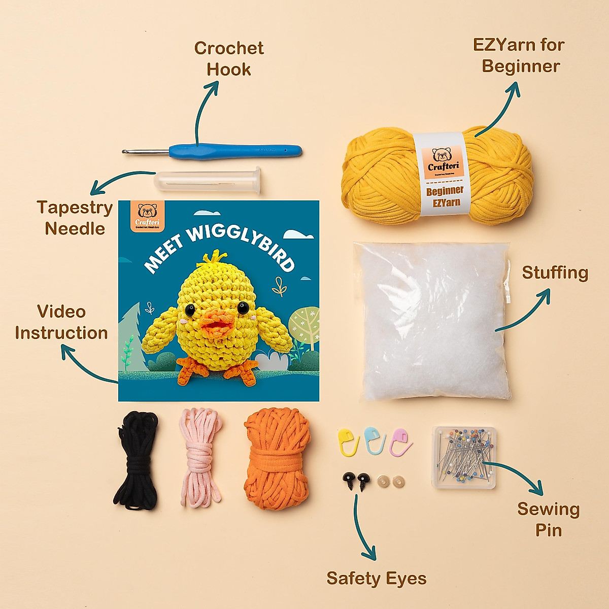 Abudada Craftori Crochet Kit for Beginners - Complete Starter Kit with Easy to Stitch Yarn, Step by Step Video Tutorials - Perfect DIY Gift - 2 Animals, Bird and Piggy