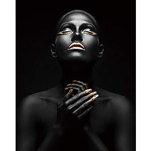African American Wall Art Painting Black Woman Fashion Pop Gold Earrings Necklace Black Set of 4 (8”X10” Canvas Picture) Pretty Girl Room Poster Art Painting Bedroom or Room for Home Decor No Frame