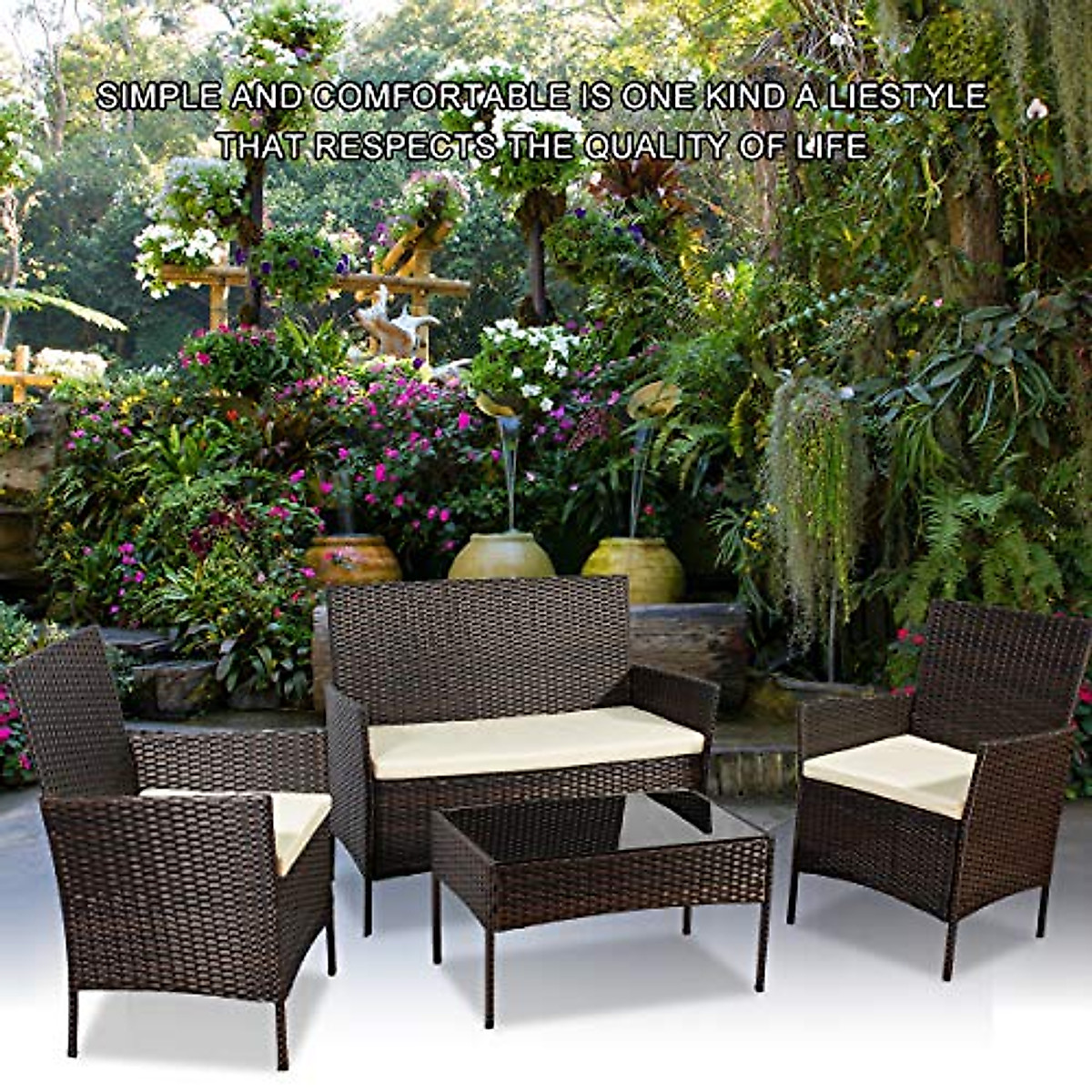 4 Pieces Outdoor Furniture Set Patio Rattan Conversation Furniture Set All-Weather Wicker Bistro Set Comfortable Chairs and Coffee Table Outdoor Indoor Use Patio Poolside Backyard Garden (Brown)
