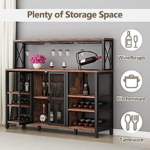Gyfimoie Wine Bar Cabinet, 55 Inches Kitchen Sideboard Buffet Cabinet with Wine Rack Storage, Industry Coffee Bar Cabinet with Wine Rack and Glass Holder for Liquor and Glasses (Rustic)
