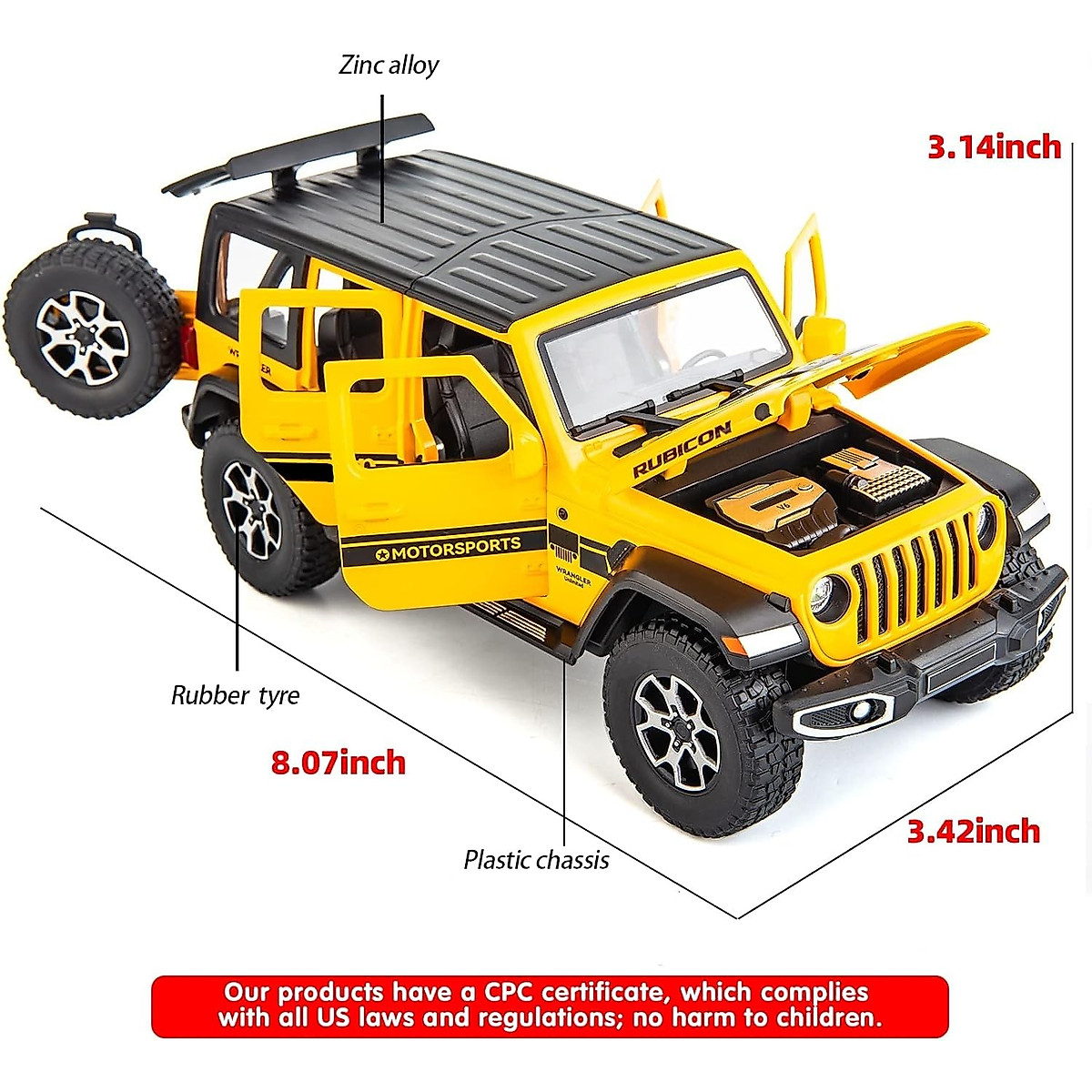 BDTCTK Off-Road 7 Door for Wrangler Diecast Toy Car Model, 1/22 Scale Metal Alloy Vehicle for Kids Boys Girls Adults, Doors Open, Light and Sound, Gifts Yellow