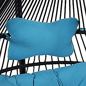 Sunnydaze Julia Hanging Egg Chair with Stand and Blue Cushions - Comfy Collapsible Outdoor Egg Chair Swing with Stand - Black Polyethylene Wicker Rattan Frame with Steel Stand - 76 Inches Tall
