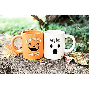 Pearhead Halloween Mug Set, Good Morning Pumpkin and Hey Boo Coffee Mugs, Novelty Fall Holiday Cups, Set of 2, 13 oz