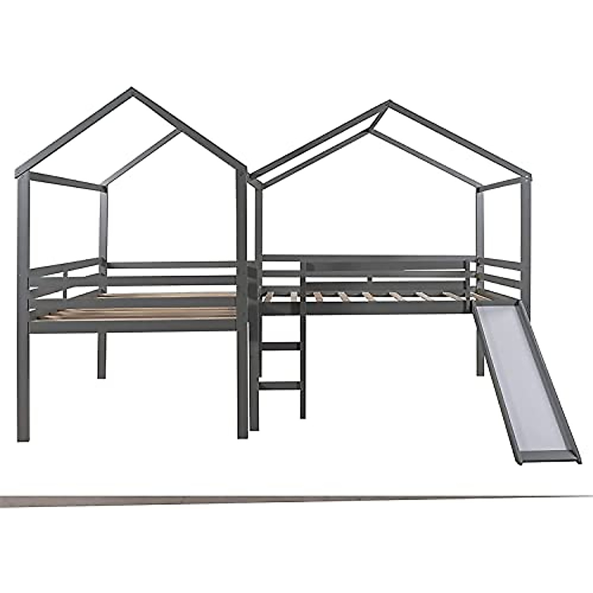 ATH-S L-Shape Loft Beds Full House Loft Bed with Slide Low Loft Bed Frame for 2, Wood Gray Playhouse Loft Bed for Girls Boys Teens (Color : Gray Full House Bed)