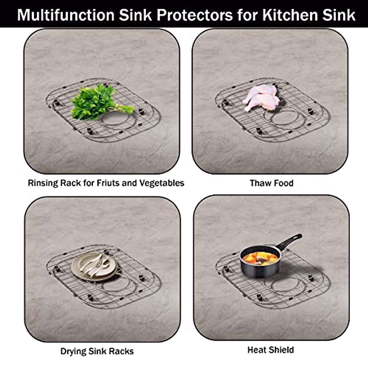 2Pack Sink Protector Grid 13"x16"and 11.2"x14.5", 304 Stainless Steel Sink Protectors for Kitchen Sink, Rust Resistant Metal Kitchen Sink Grid with 2Pack Sink Strainers (Rear Drain/4Pack)
