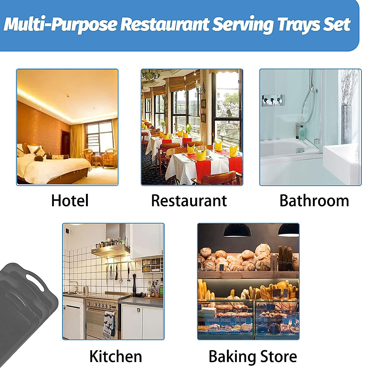 LEEHOWA 3 Pack 14 inches Plastic Tray with Handles Rectangle Serving Set, Multipurpose Waterproof, Non Slip Trays for Food, Parties, Coffee Table, Buffets, Breakfast(Black Wood Grain)