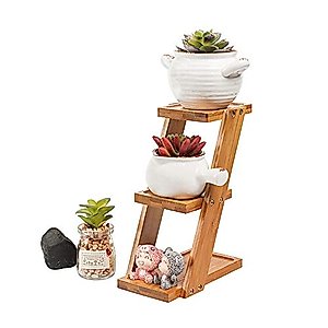 TiTa-Dong Bamboo Plant Stand,3-Tier Flower Stand Succulents Plant Landing Bonsai Shelf for Home Balcony Decor - 7" x 3.6" x 9.8"