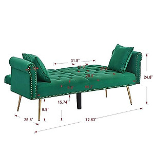 RIDFY 70”Modern 2 in 1 Velvet Futon Sofa Bed, Convertible Sleeper Couch with Legs/Pillows, Folding Upholstered Loveseat, Memory Foam Living Seat, Tufted Recliner Sofa for Home/Office (Green)