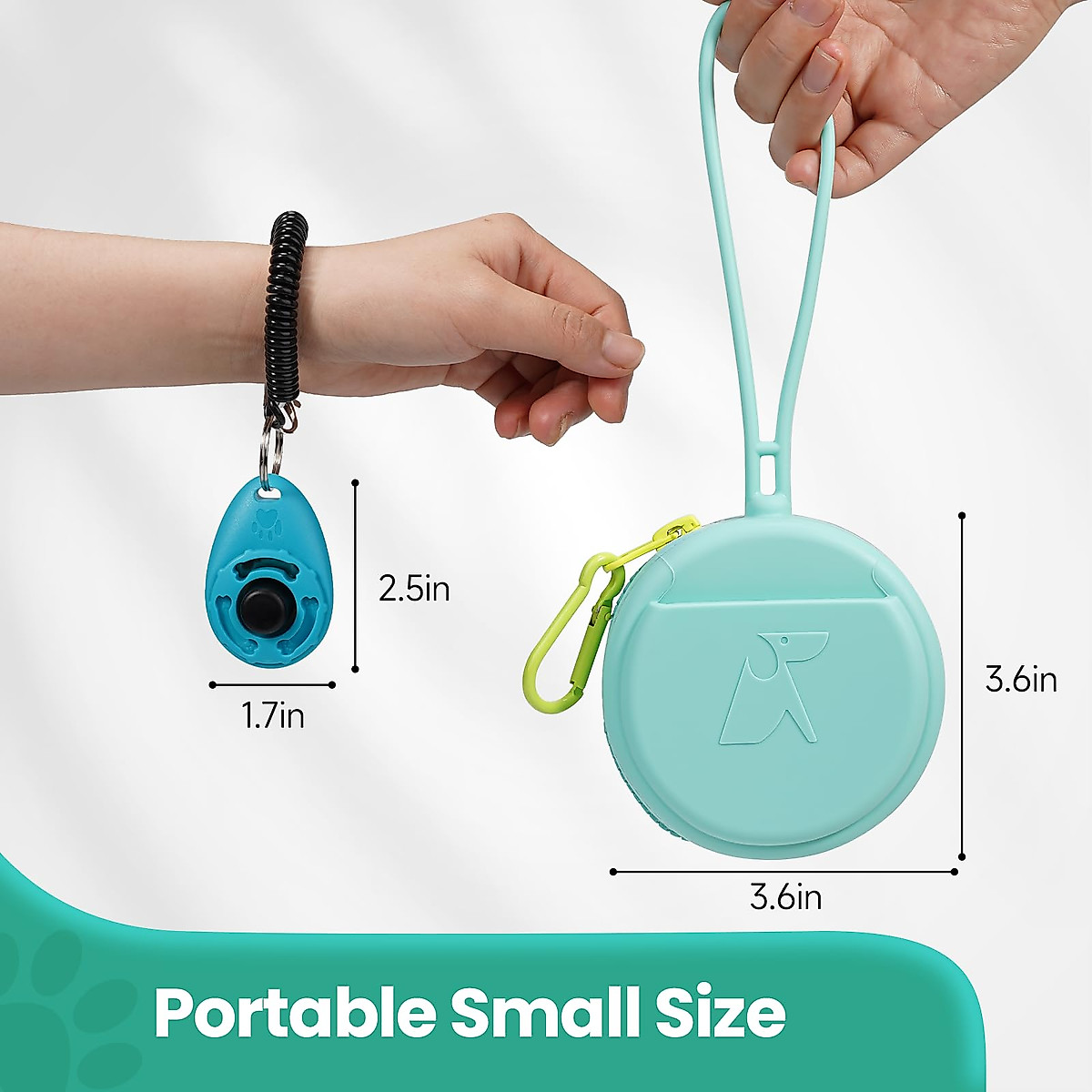 Small Silicone Dog Treat Pouch with Pet Training Clicker 2Pack, Durable Metal Zipper, Integrated Strap, Mini Portable Size, Easy to Clean, Odorless, Travel Walking Bag for Leash (Grey & Green)
