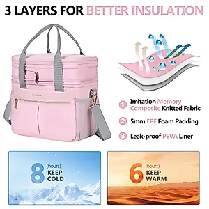 Hedcaw Lunch Box for Women Double Deck Insulated Lunch Bag Women Expandable Leakproof Reusable Lunch Cooler for Work, Office, Picnic, Pink