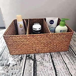 Cabilock Hand-Woven Basket Seagrass Seaweed Woven Storage Box 3-compartments Desktop Organizer Case for Home Bathroom Office Decor 32x22x11cm (Yellow)