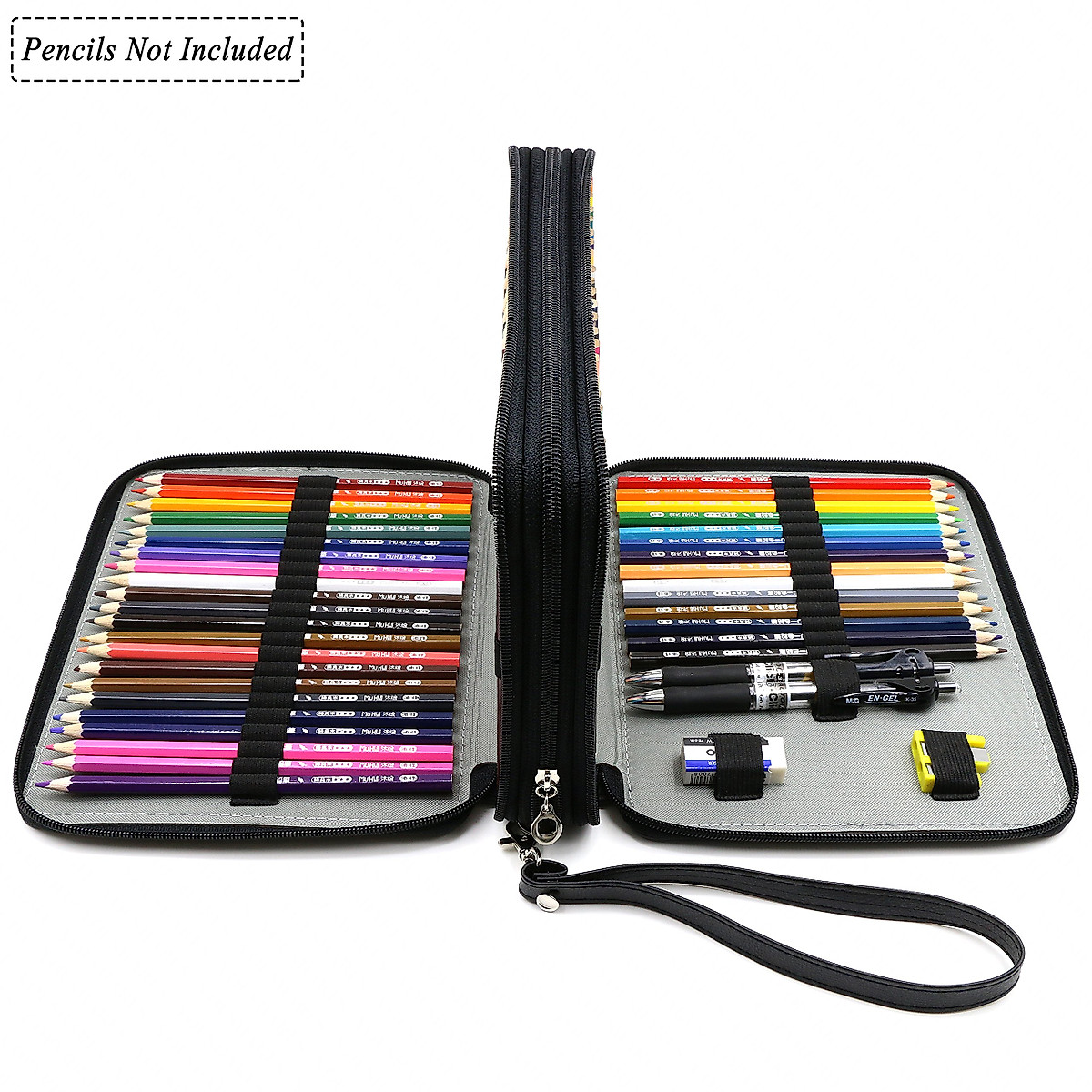 YOUSHARES 120 Slots Pencil Case - PU Leather Handy Multi-layer Large Zipper Pen Bag with Handle Strap for Prismacolor Watercolor Pencils, Crayola Colored Pencils, Marco Pens and Makeup Brush (Black)