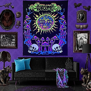 Miytal Blacklight Sun Tapestry, UV Reactive Hippie Aesthetic Mushroom Poster, Skull Vertical Glow in The Dark Tapestry for Bedroom - 44" x 59"