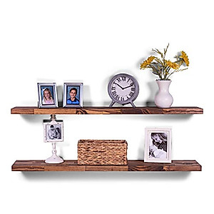 DAKODA LOVE 48" x 8" Butcher Block Solid Wood Floating Shelves | Premium Handmade Quality | Easy Hidden Bracket Wall Mount | Farmhouse Rustic Pine | Set of 2 (Bourbon)