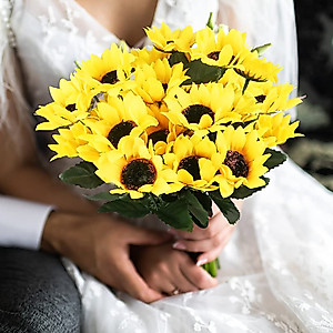 Hangnuo 4 Pack Artificial Sunflower Bouquets with Stems Silk Sunflowers Leaves Fake Sun Flower for Home Officce Parties Bridal Wedding Garden Decoration Each Bunche with 7 Heads