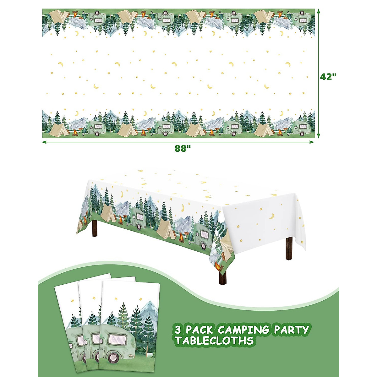 Nefelibata 3 pcs Camping Birthday Decorations Table Cover Waterproof Tablecloths One Happy Camper Party Camping Favors Bachelorette Happy Camper for Boys Girl Plastic Table Runner Disposable Supplies