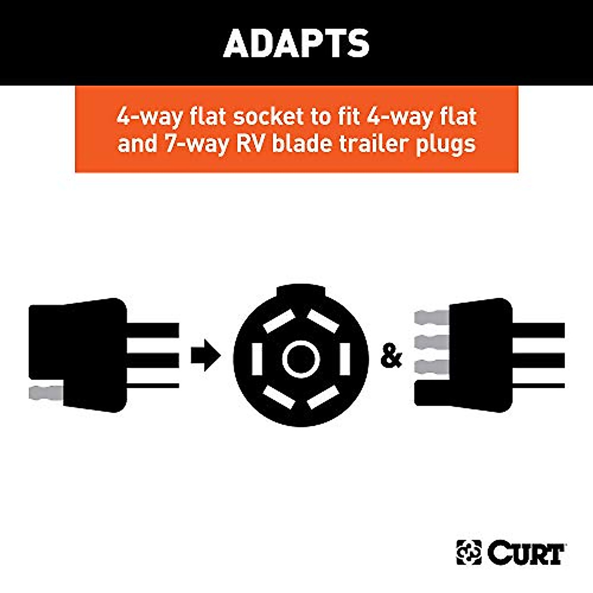 CURT 57102 Dual-Output 4-Way Flat Vehicle-Side to 7-Way RV Blade Trailer Wiring Adapter with Backup Alarm , black