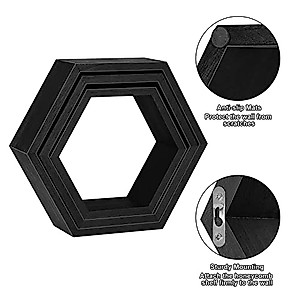 Black Hexagon Shelves Floating Honeycomb Shelves Set of 3 Wall Storage Shelf Bedroom Floating Shleves for Wall Decor Hexagonal Wood Shelves Wall Mount Display Geometric Hanging Rack for Living Room