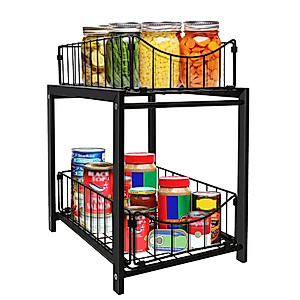 Under Sink Storage, 2 Tier Cabinet Organizer with Sliding Drawer, Easy to Assemble Pull-Out Storage Mesh Basket, Organization for Bathroom, Kitchen, Home (Black)