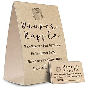 Tesedupoole Kraft Paper Diaper Raffle Sign,Diaper Raffle Baby Shower Game Kit (1 Standing Sign + 50 Guessing Cards),Baby Showers Decorations,Card for Baby Shower Game to Bring a Pack of Diapers-NPZ03