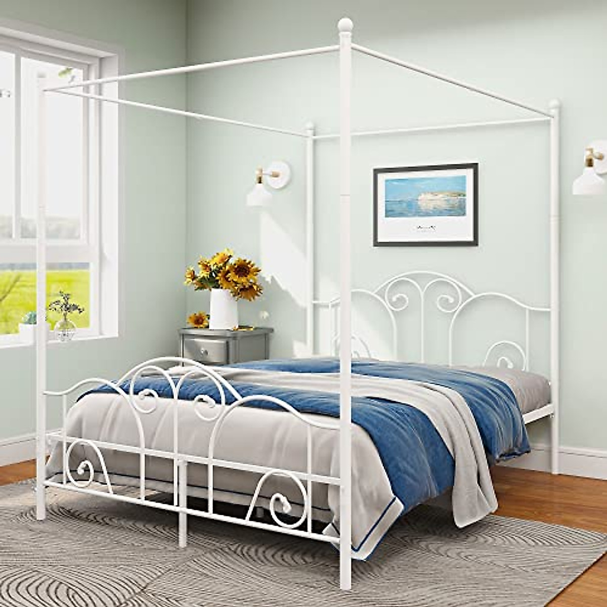 alazyhome Queen Canopy Platform Bed Frame with Headboard and Strong Support Frames Easy Assembly Noise-Free No Box Spring Needed White