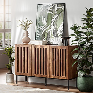 BVIUNTWO Storage Cabinet,47.2" Farmhouse Buffet Cabinet with Metal Base and Adjustable Shelves,Sideboard Coffee Bar Cabinet with 3 Doors for Kitchen,Dining Room,Living Room,Brown