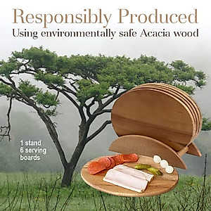 Woodard & Charles 6 Acacia Wood Serving Boards with Stand, Perfect for Serving, Sushi, Cheese, Hors D'Oeuvre, Charcuterie, Sandwiches, 7 Piece Set, 9 1/2" x 6 1/2"