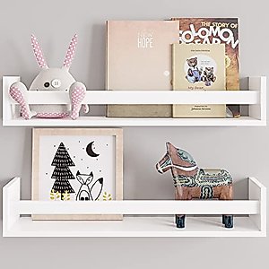 Ballucci Set of 2 Wall Mount Bookshelves, Wood Floating Wall Shelves with Towel Bar Rack for Nursery, Kitchen, Living Room, Bedroom, Bathroom, Office; 23 Inch - White